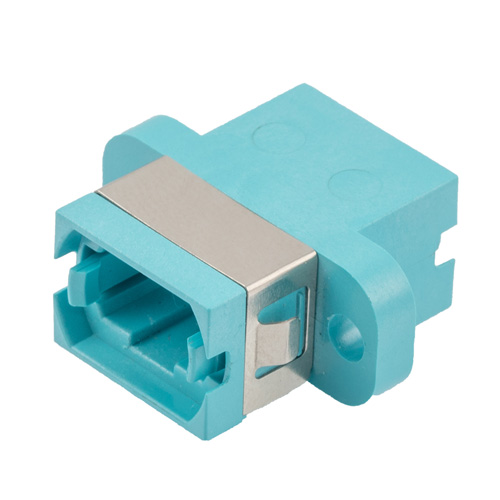 Fiber Optic Standard Coupler, MPO Type A, for MMF or SMF, w/ Flange, Aqua
